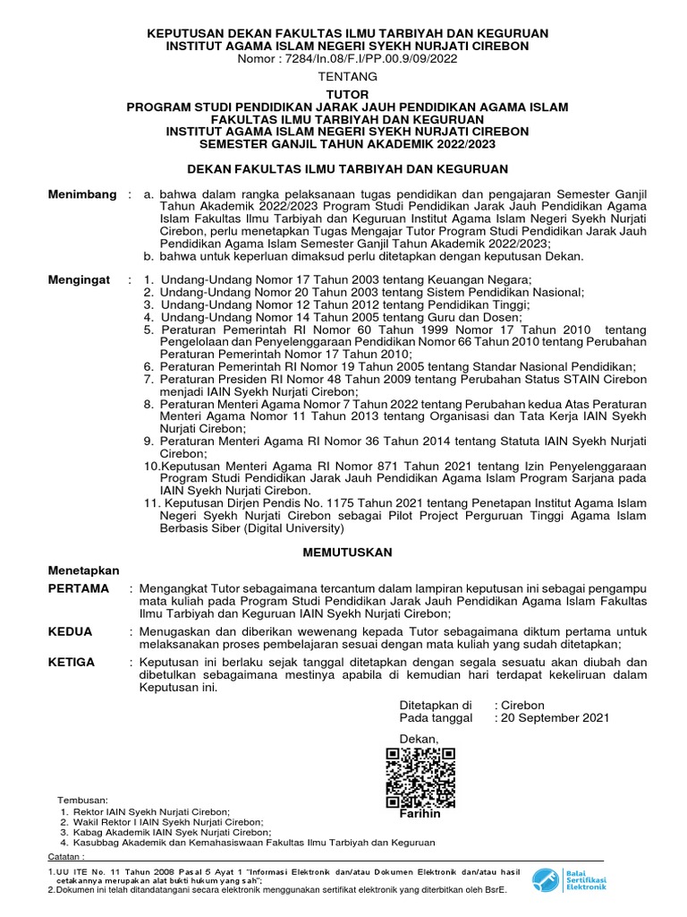 SK Tutor PJJ Ganjil 2022 2023 TTD Dekan | PDF