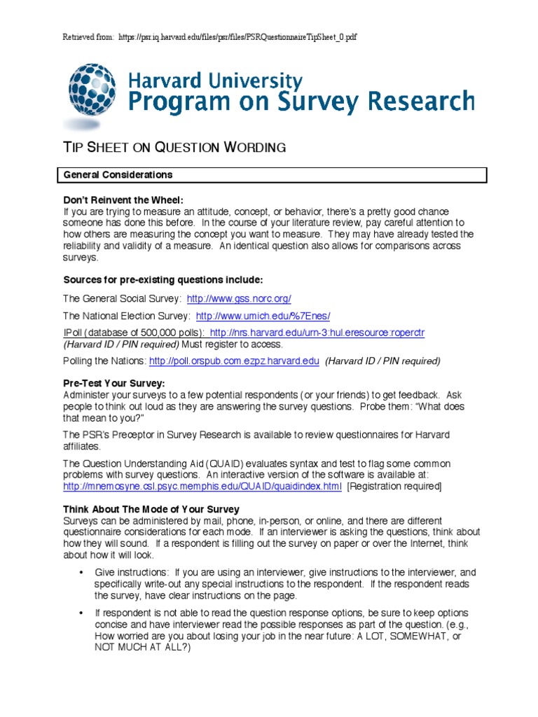 Questionnaire Tip Sheet (Harvard University) | PDF | Survey Methodology ...