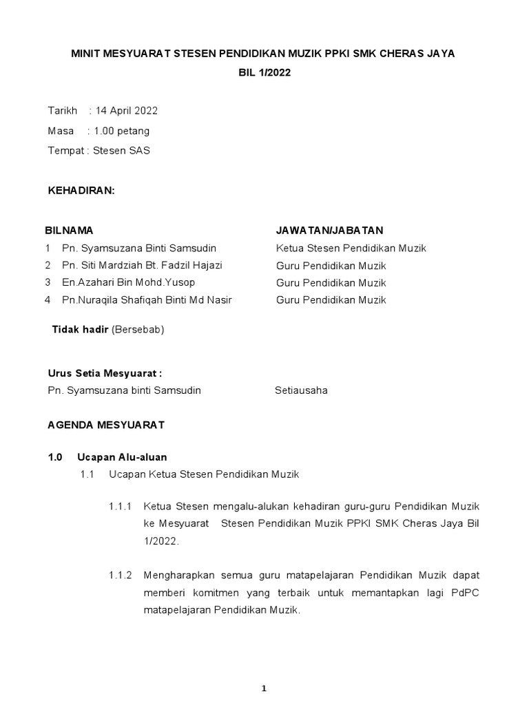 Minit Mesyuarat Panitia Muzik | PDF