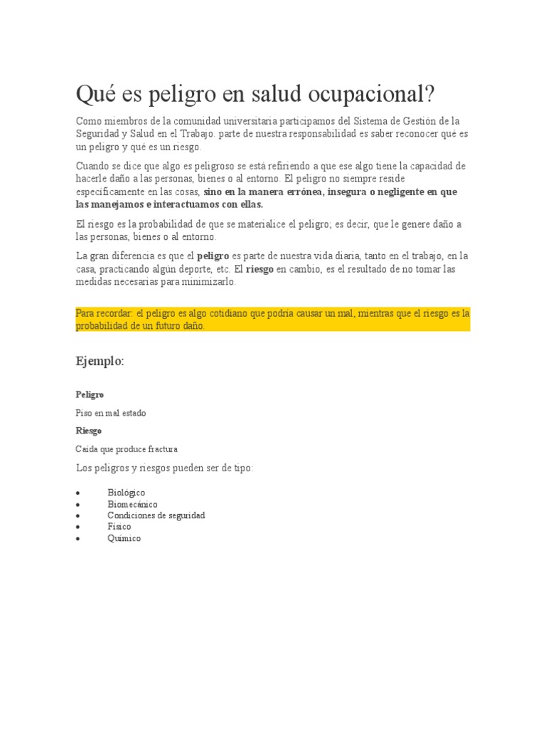 Definición de peligro en salud laboral | PDF