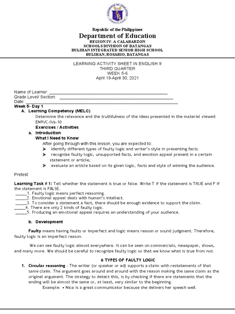 Las English 3rd Quqrter Week 5-6 | PDF | Goal | Fallacy