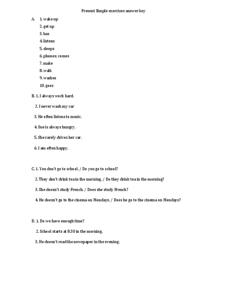 Present Simple Exercises Answer Key | PDF | Language Arts & Discipline