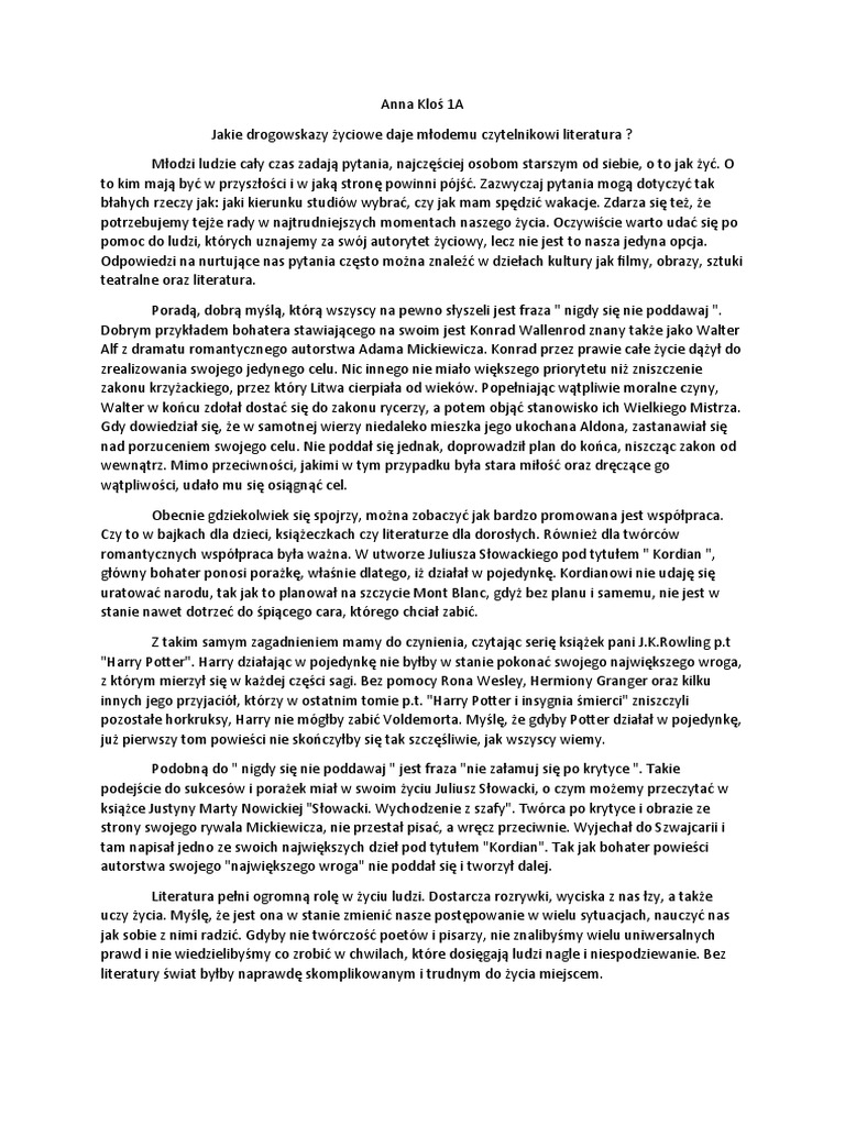 Jakie Drogowskazy Życiowe Daje Młodemu Czytelnikowi Literatura | PDF