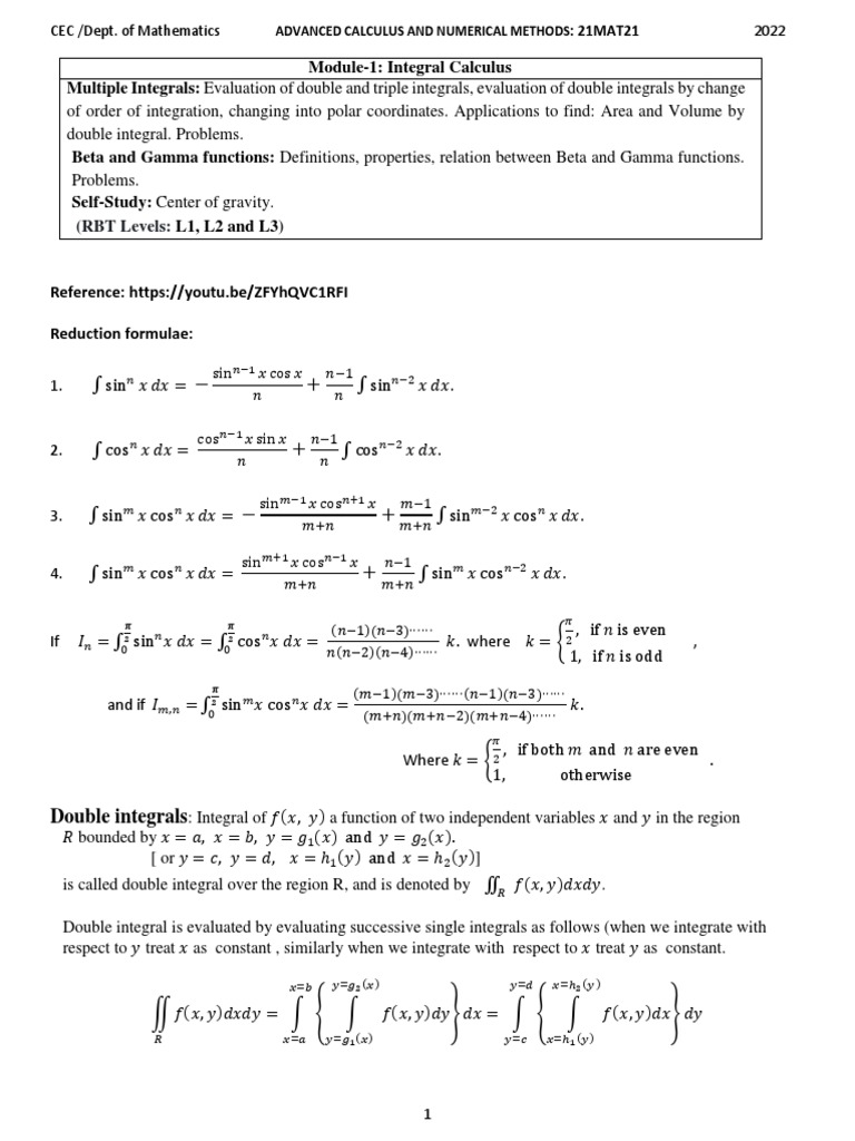 Advanced Calculus and Numerical Methods | PDF | Integral | Area