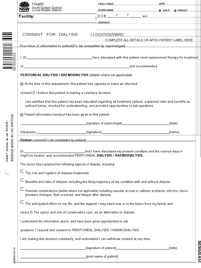 Consent For Dialysis Form | PDF | Hemodialysis | Informed Consent