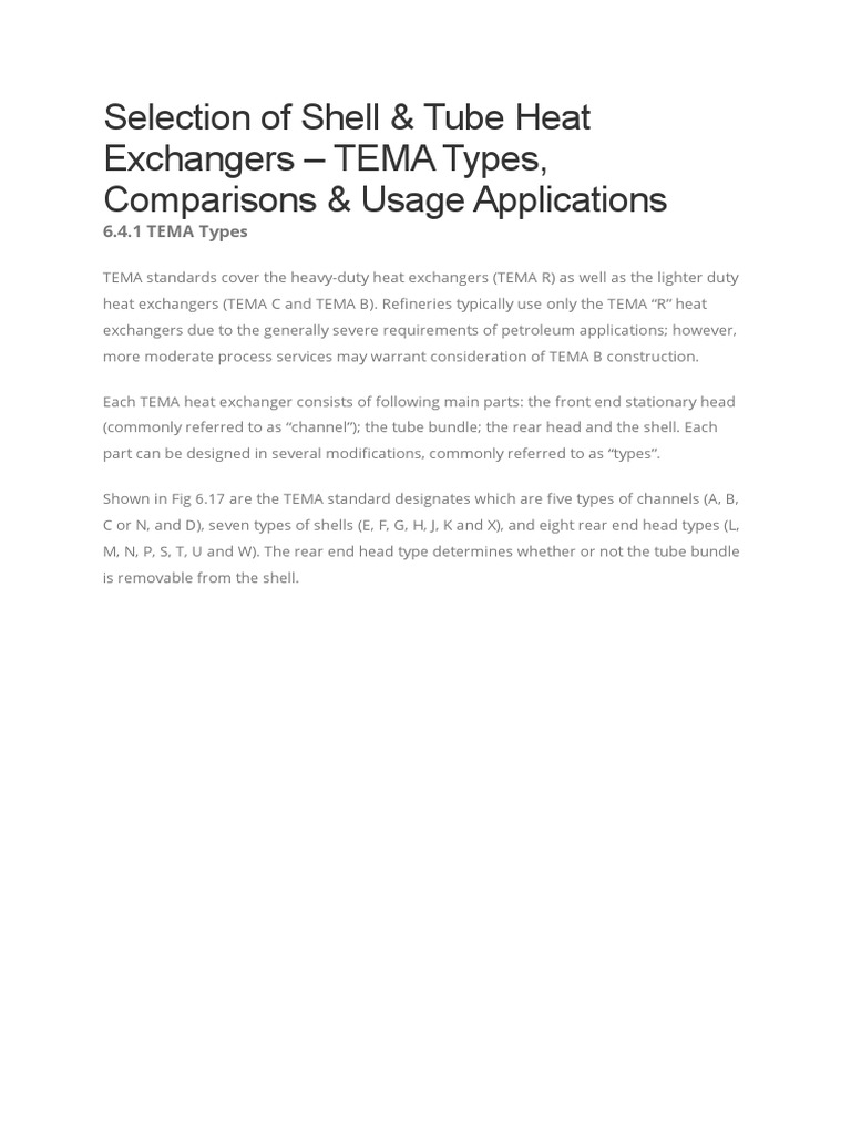 Selection of Shell & Tube Heat Exchangers - TEMA Types | PDF | Pipe ...