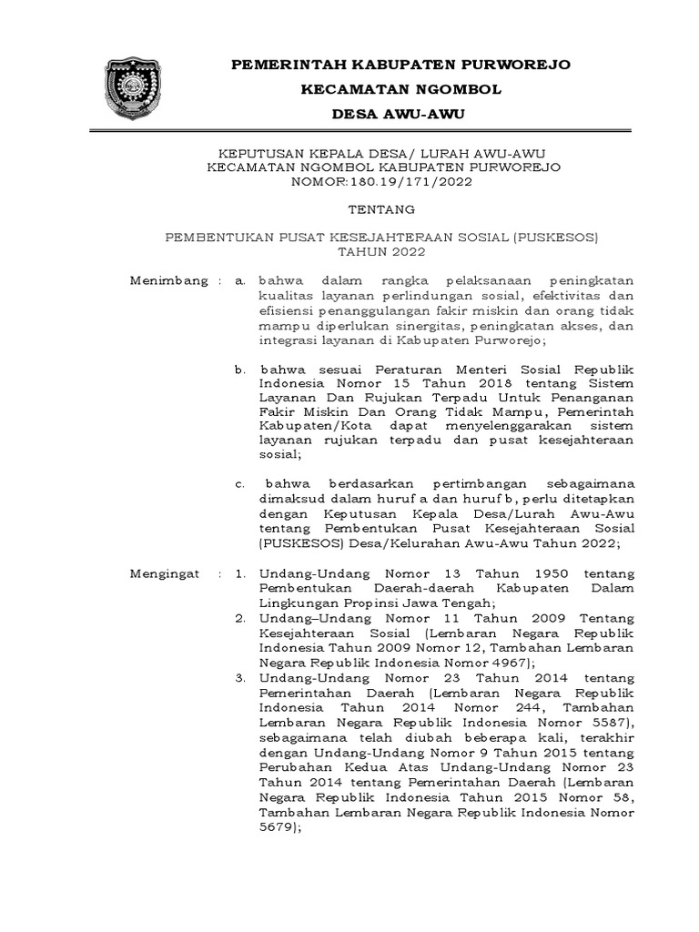 Pembentukan PUSKESOS Awu-Awu 2022 | PDF | Ilmu Sosial | Griya & Taman