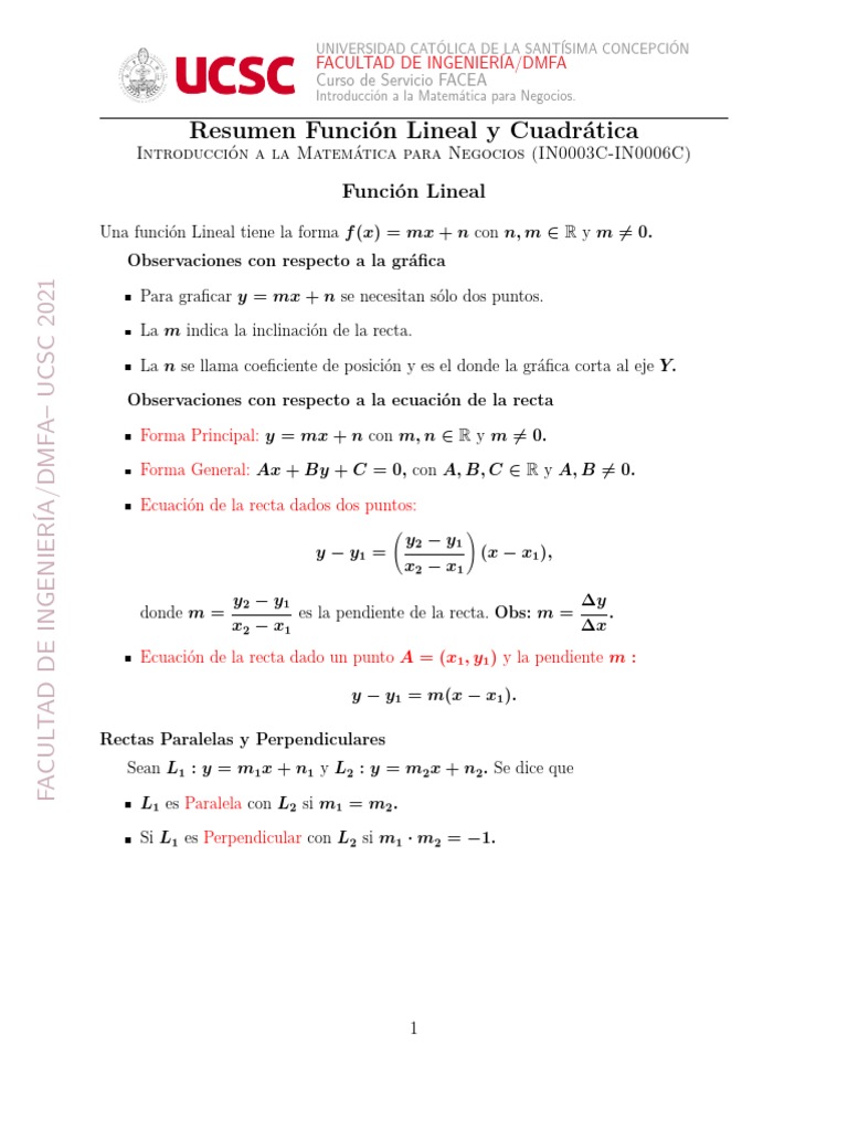 Resumen Recta Lineal Cuadrática | PDF | Pendiente | Análisis matemático