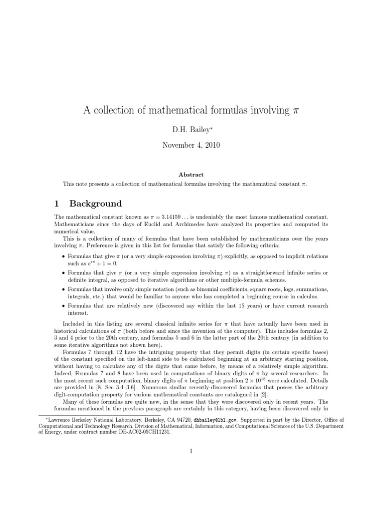 A Collection of Mathematical Formulas Involving Pi | PDF | Pi | Mathematics