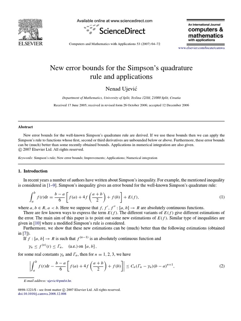 New Error Bounds For The Simpson's Quadrature Rule and Applications | PDF