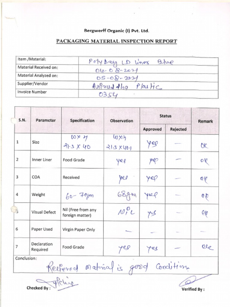 CoA and Food Grade Certificates, PP Liner Blue and White - Unit-2 | PDF