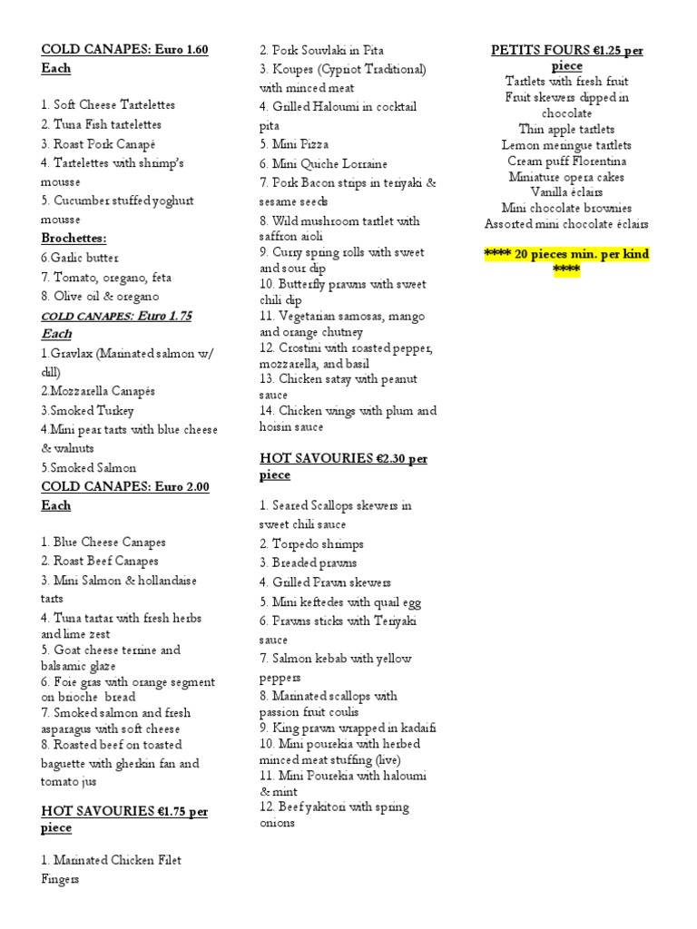 Cold Canapes and Hot Savouries Menu | PDF | Sauce | Food Ingredients