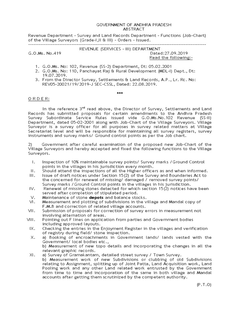 15 GO Ms. 419-Revenue-Village Surveyor Jobchart | PDF