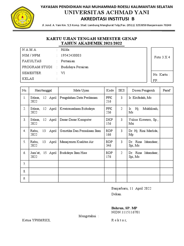 Kartu UTS - Hilda Semester 6 | PDF