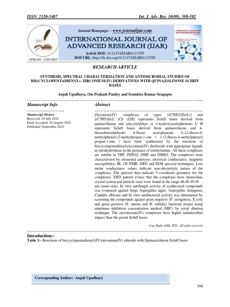 Synthesis, Spectral Characterization and Antimicrobial Studies of Bis (Cyclopentadienyl ...