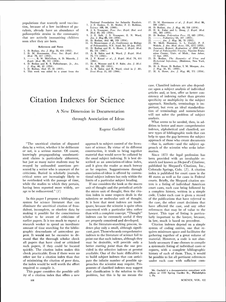 Citation Indexes For Science. A New Dimension in Documentation Through ...