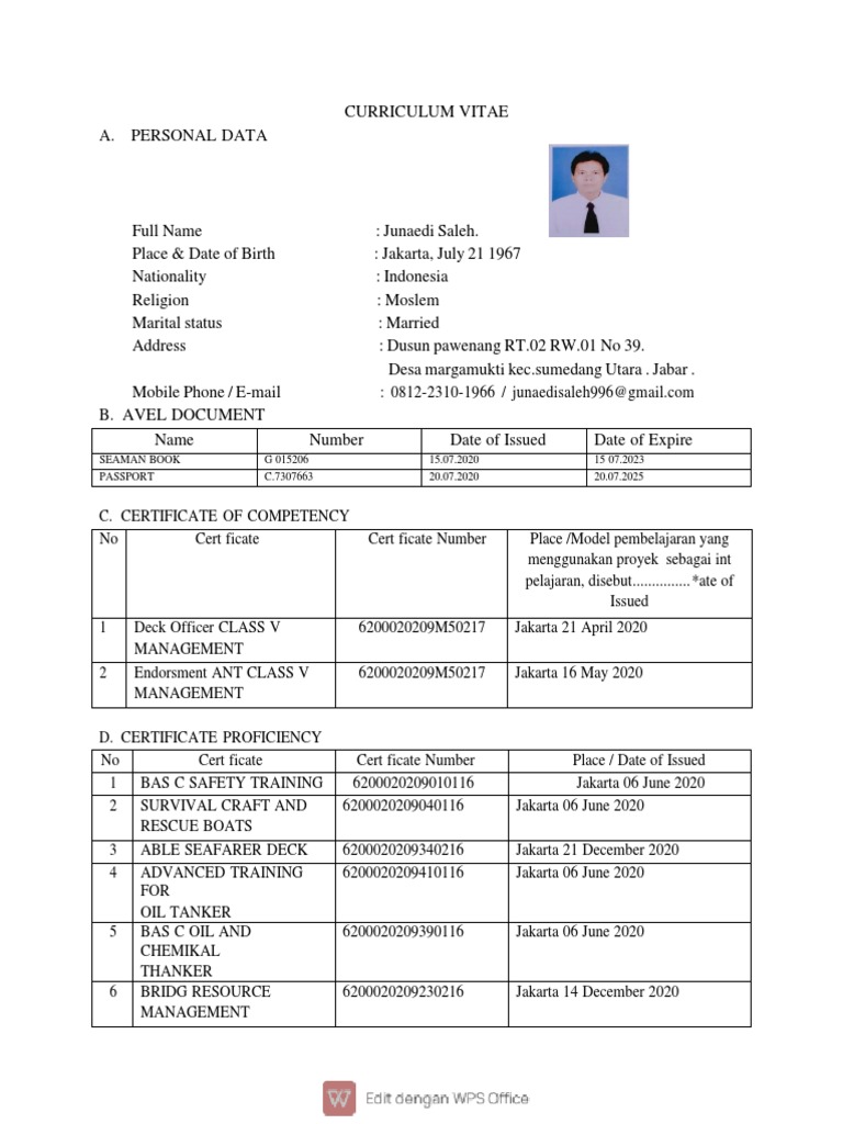 Junaidi Saleh CURRICULUM VITA-WPS Office | PDF | Shipping | Petroleum Industry