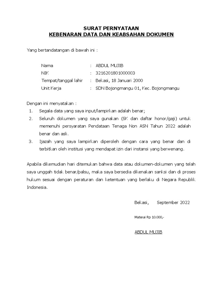Surat Pernyataan Non Asn | PDF