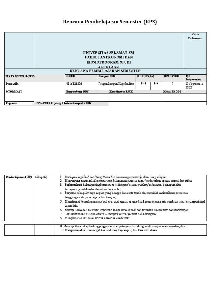 RPS - Pancasila 2022 | PDF