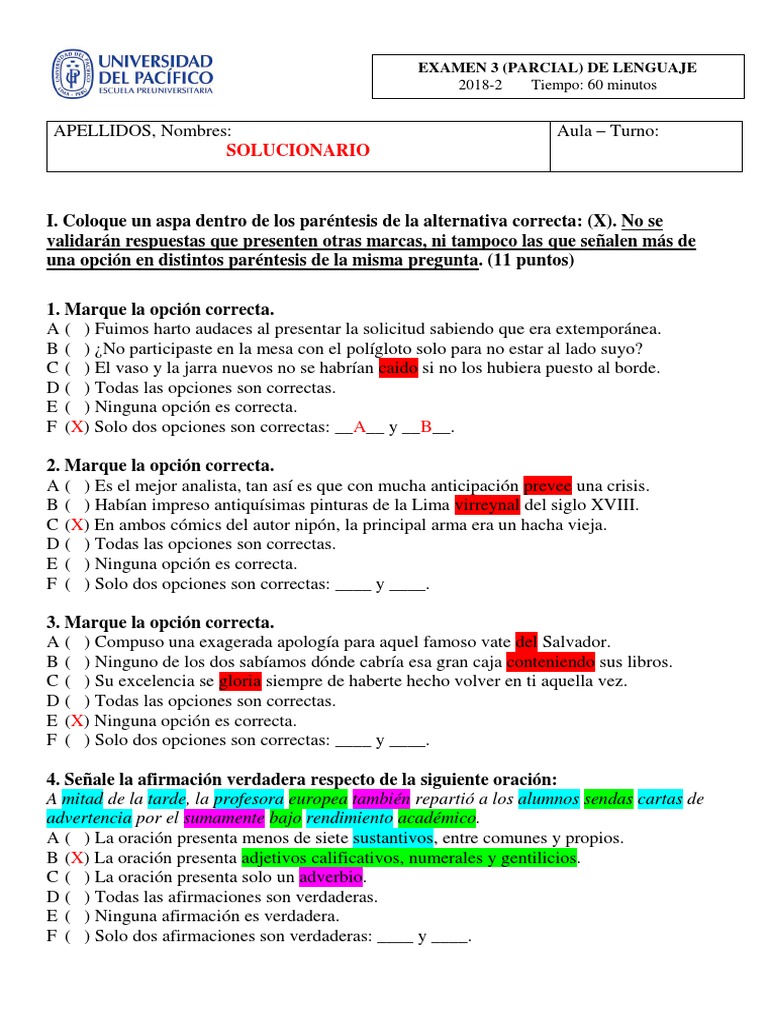 Análisis lingüístico y solución de un examen parcial de lenguaje | PDF | Mecánica del lenguaje ...