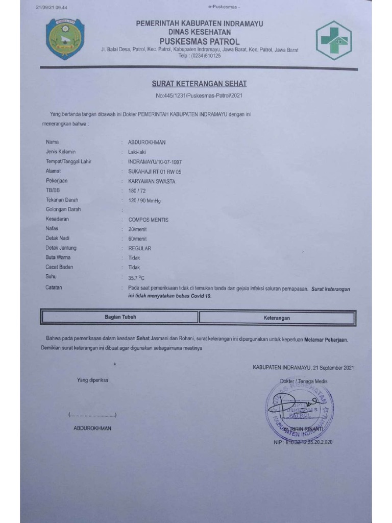 Surat Keterangan Sehat | PDF