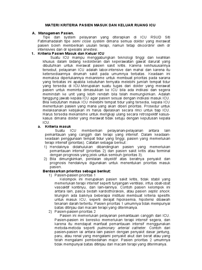 Materi Kriteria PX Masuk Keluar ICU | PDF