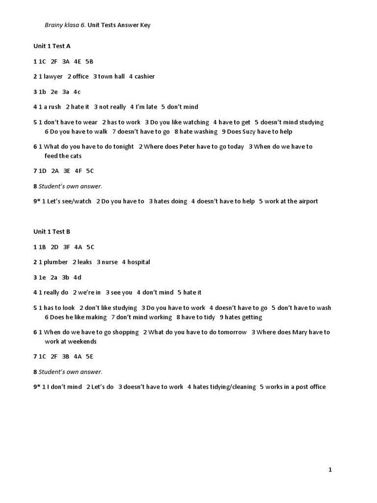 Brainy Kl6 Unit Tests Answer Key | PDF