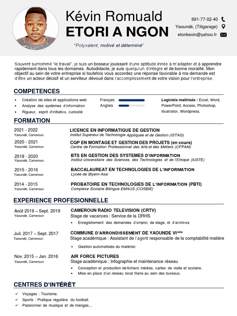 Exemple de CV Camerounais de Kévin Romuald | PDF | Cameroun | Application
