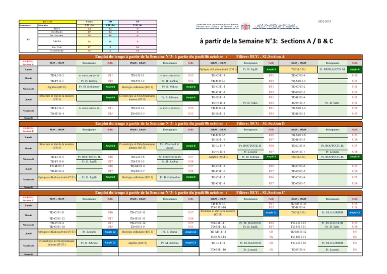 Emploi du temps BCG S1 2022-2023 | PDF