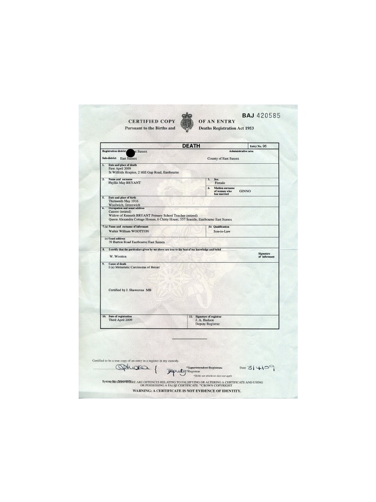 Death Certificate Uk Phyllis Death Cert 001 ERaVGP | PDF