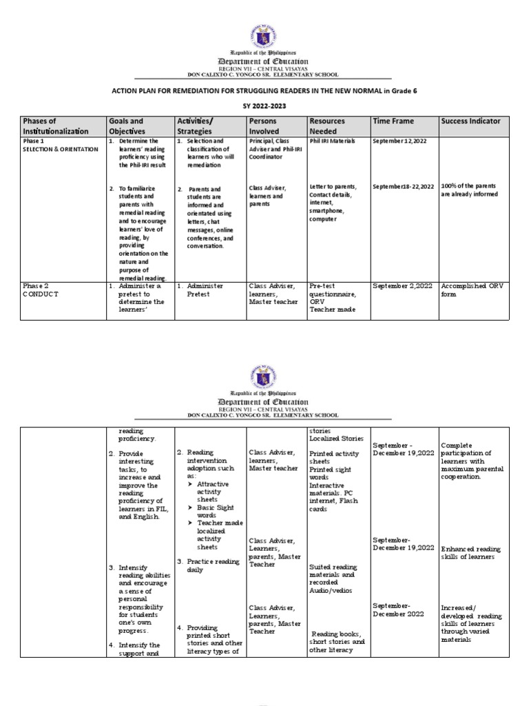 Remedial Action Plan Grade 6 | PDF | Linguistics | Learning Methods