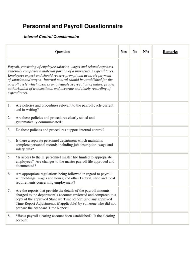Personnel and Payroll Questionnaire: Yes No N/A Remarks | PDF | Payroll ...
