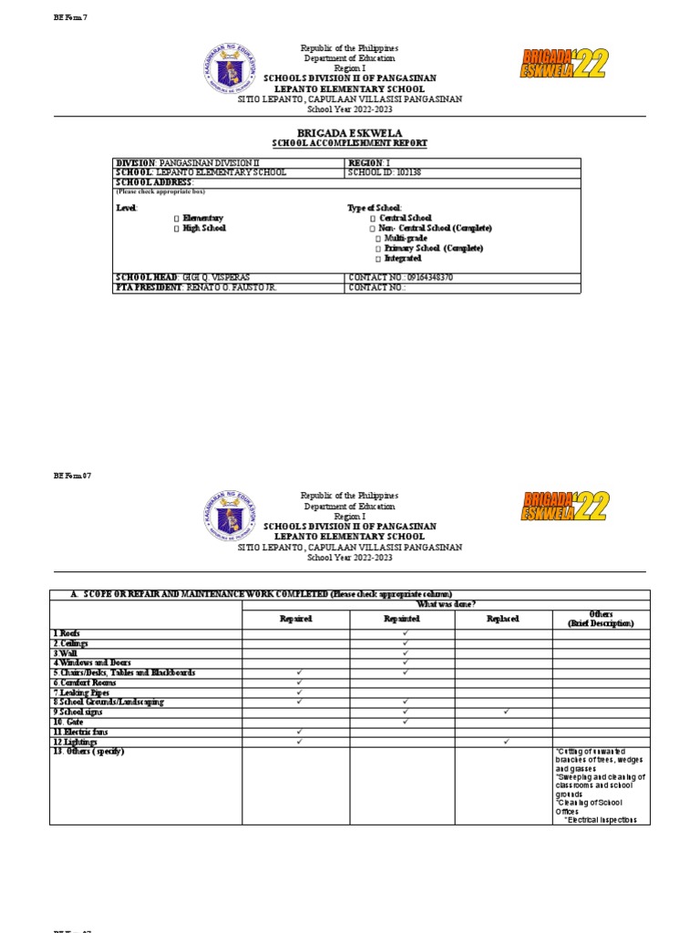 BE-Form-7-SCHOOL-ACCOMPLISHMENT-REPORT | PDF | Educational Organizations