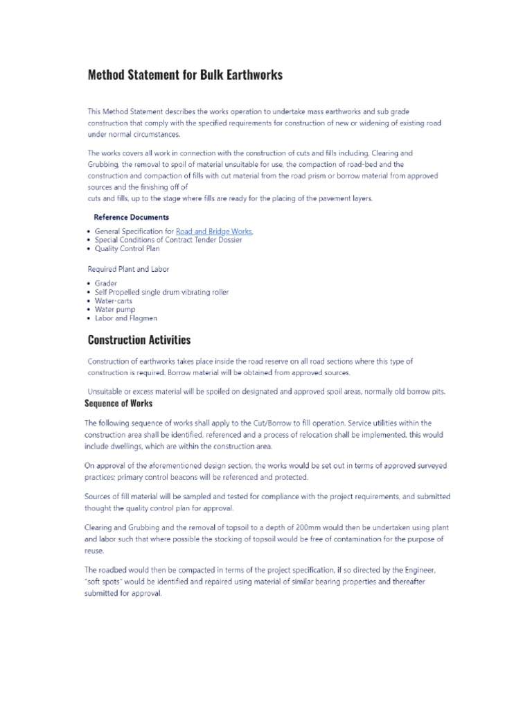 Method Statement For Bulk Earthworks | PDF