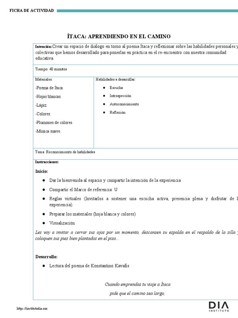 Ficha de Actividad - Ítaca - Aprendiendo en El Camino | PDF