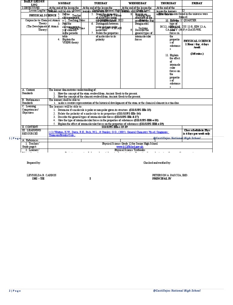 Grade 12 Physical Science Lesson Plan | PDF | Chemical Polarity | Chemistry