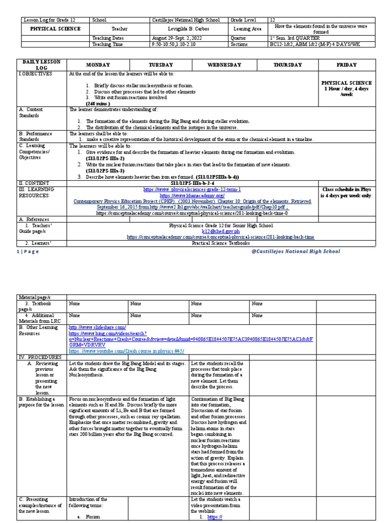 Grade 12 Physical Science Lesson Log | PDF | Radioactive Decay | Stars
