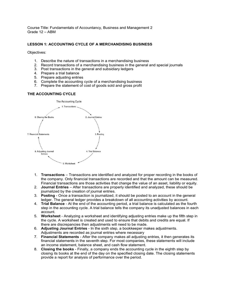 Lesson 1 - Accounting Cycle of A Merchandising Business | PDF | Debits ...