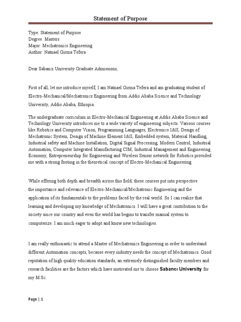 Statement of Purpose | PDF | Engineering | Mechatronics