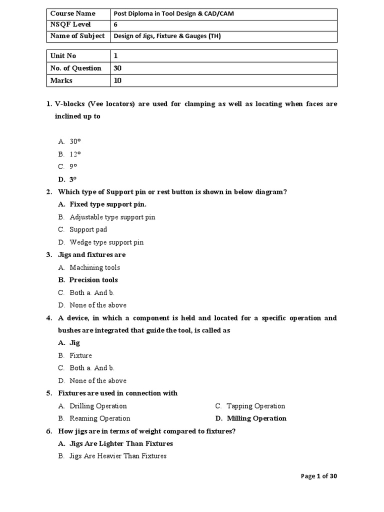 PDTD&CC - Design of Jigs Fixture & Gauges - TH | PDF