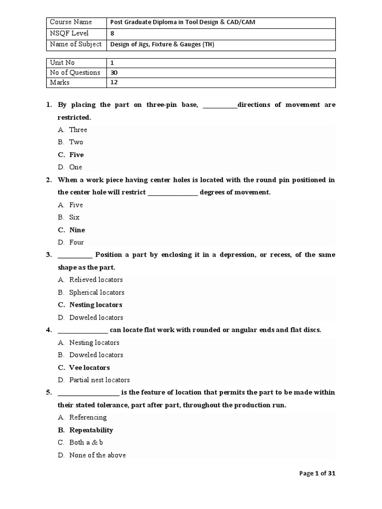 PGDTD&CC - Design of Jigs Fixture & Gauges - TH | PDF | Engineering ...