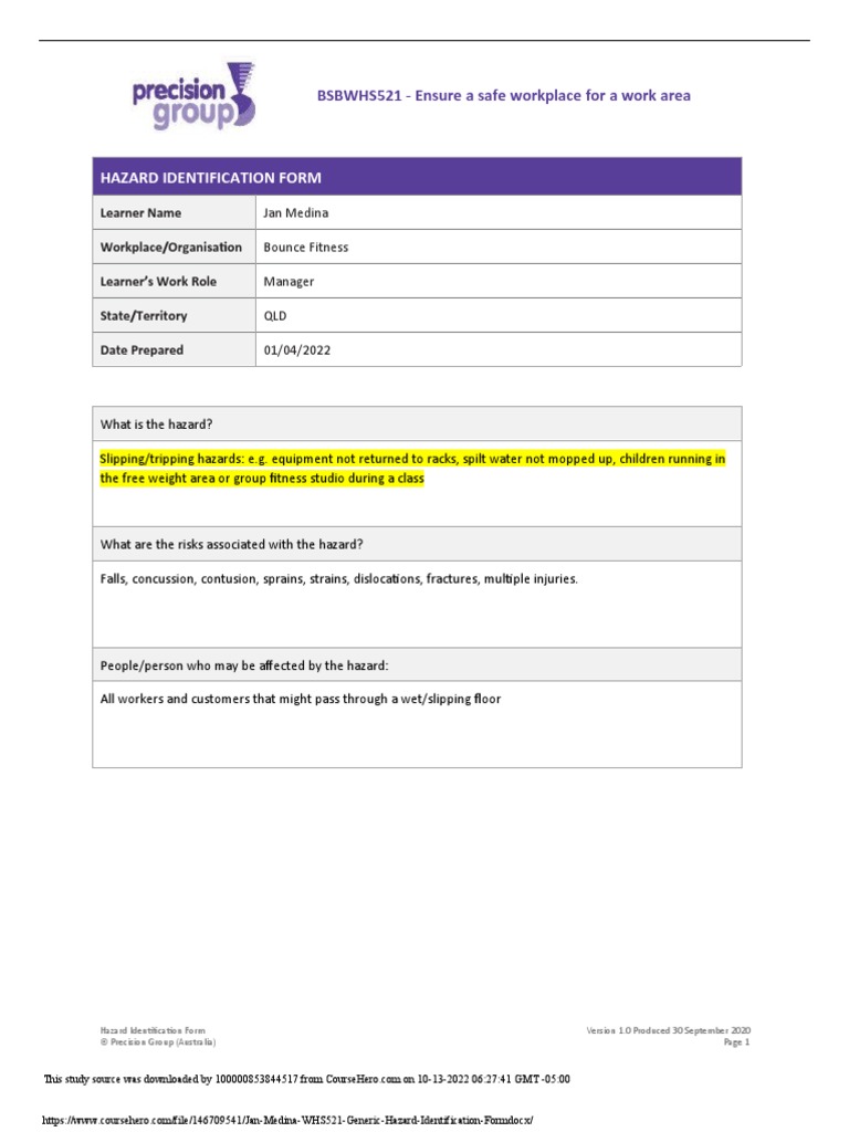 Jan Medina WHS521 Generic Hazard Identification Form | PDF