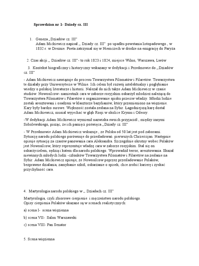 Dziady CZ - III - Sprawdzian 1 | PDF