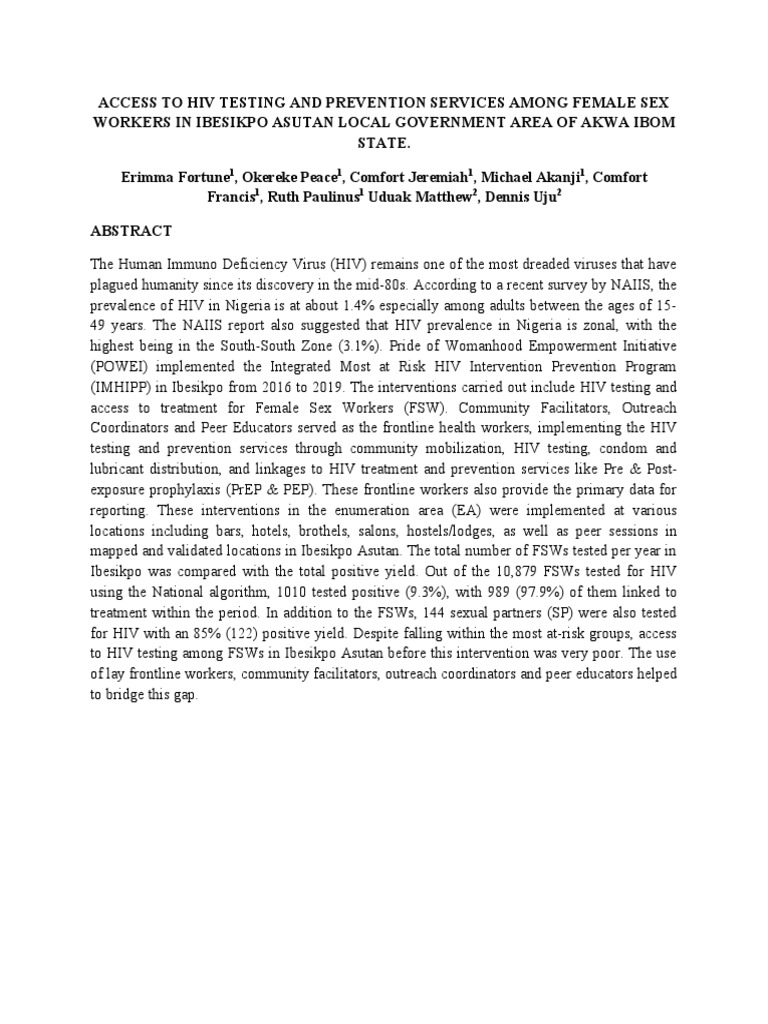 Access To Hiv Testing And Prevention Services Among Female Sex Workers