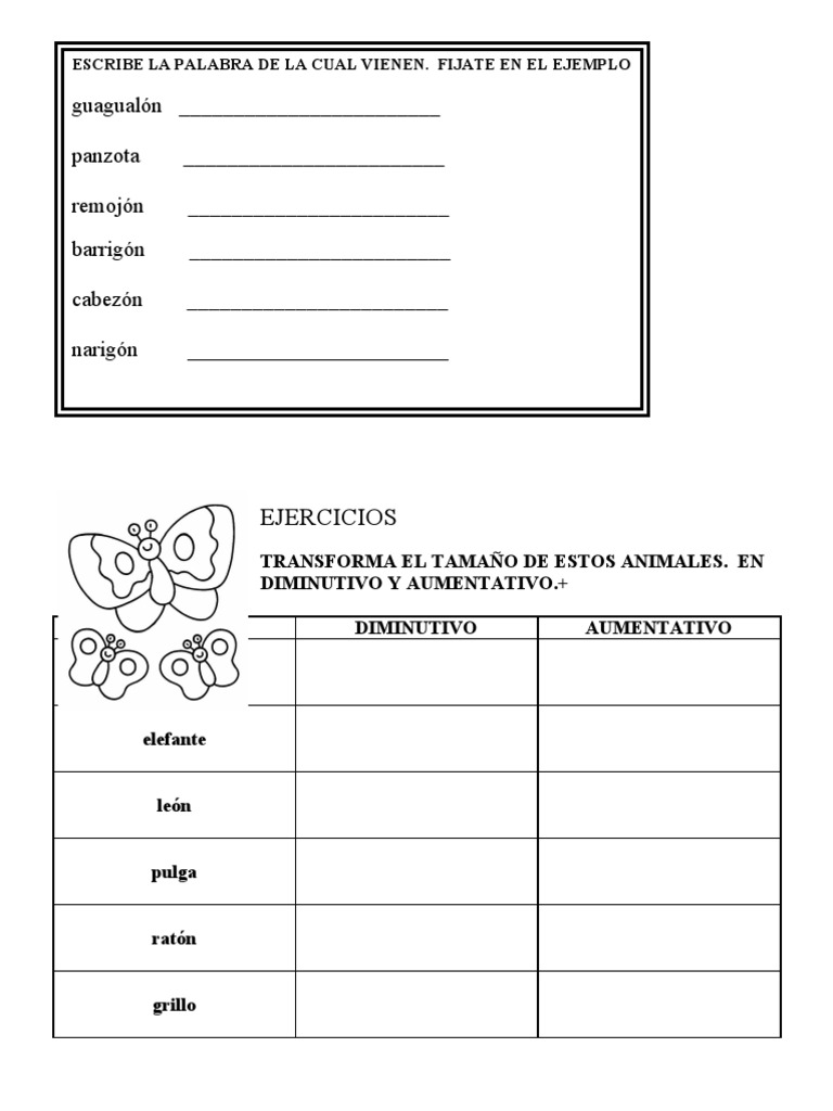 Ejercicios Diminutivo - Aumentativo | PDF