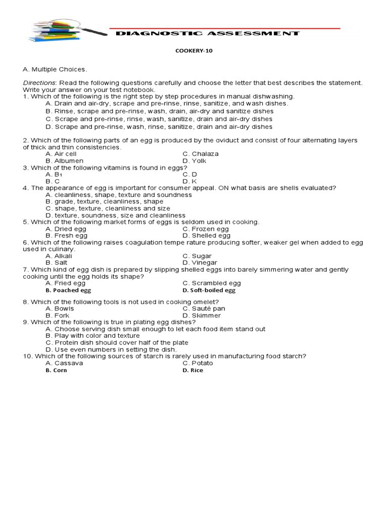 Diagnostic Test in Cookery | PDF