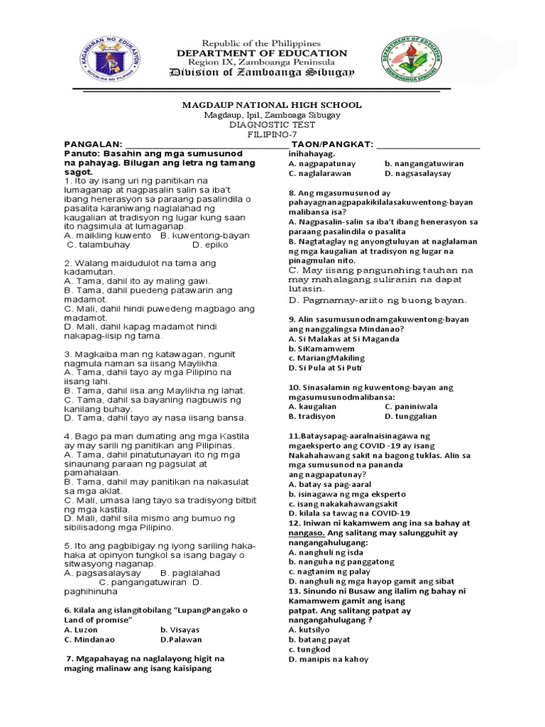 Diagnostic Test Filipino | PDF