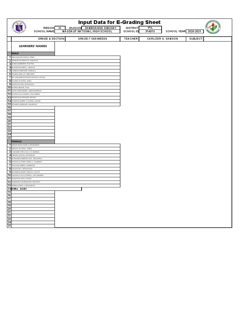 E-Grading Sheet SY 2021-2022 | PDF
