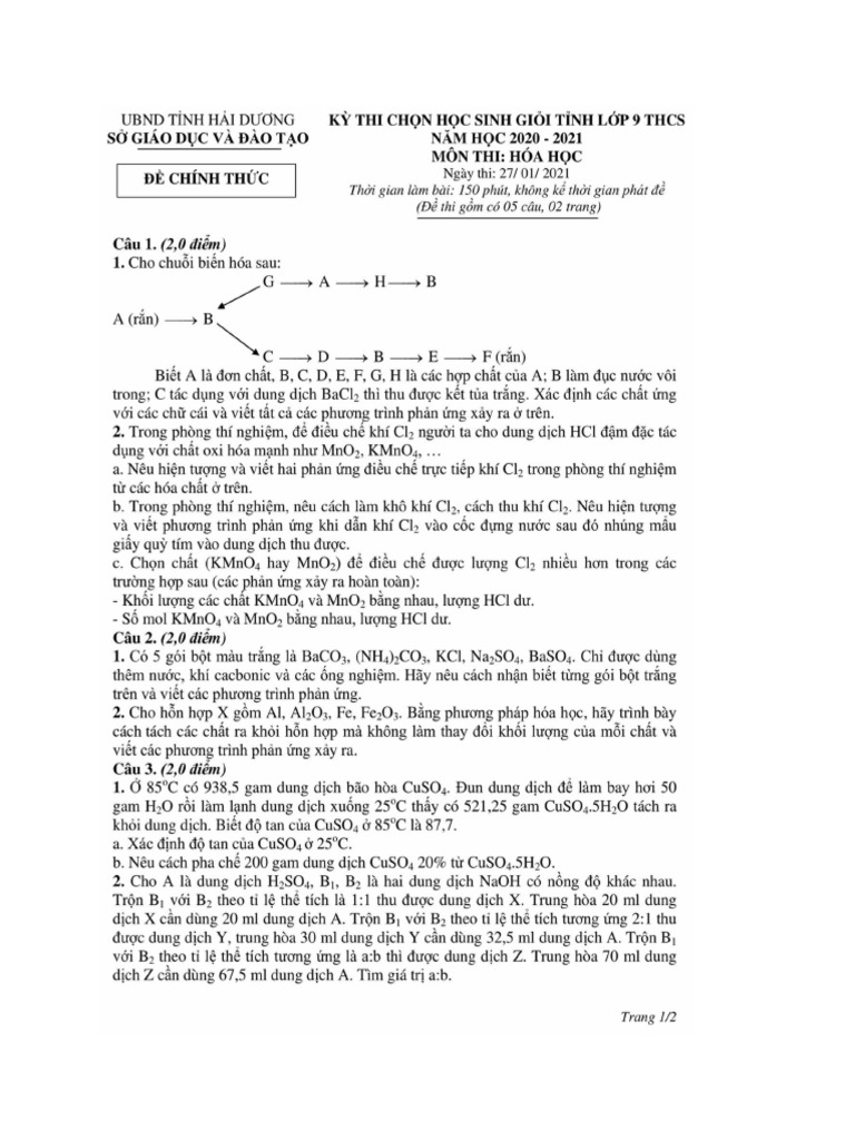 Đề HSG Tỉn Hải Dương (2021-2022) - Thi ngày 27-1-2022 | PDF