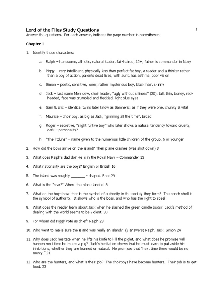 Lord of the Flies Study Questions Guide | PDF | Language Arts ...